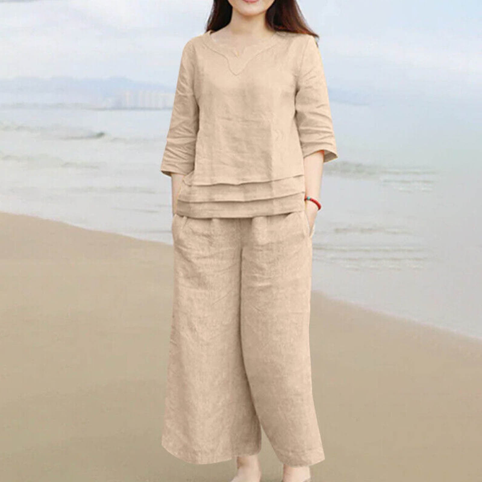 Aueoeo Women'S Causal Set Solid Color V-Neck Irregular Hem Pleated Top ...