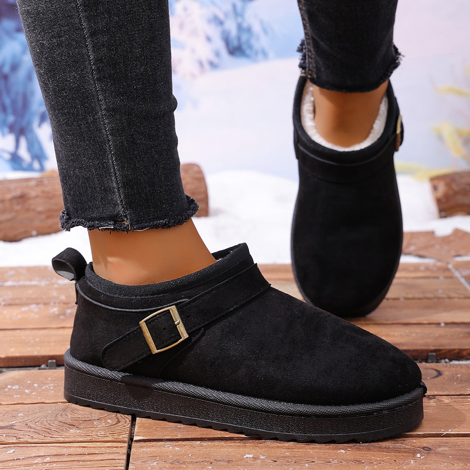 Aueoeo Women Snow Boots Fashion Casual Round Toe Solid Color Shoes Belt ...