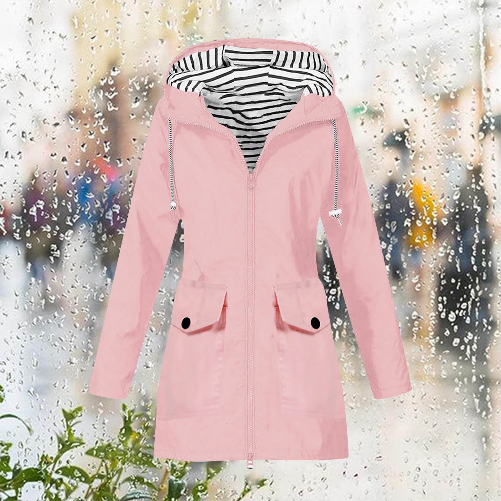 Aueoeo Women Solid Color Rain Jacket Fashion Trendy Outdoor Hooded Full ...