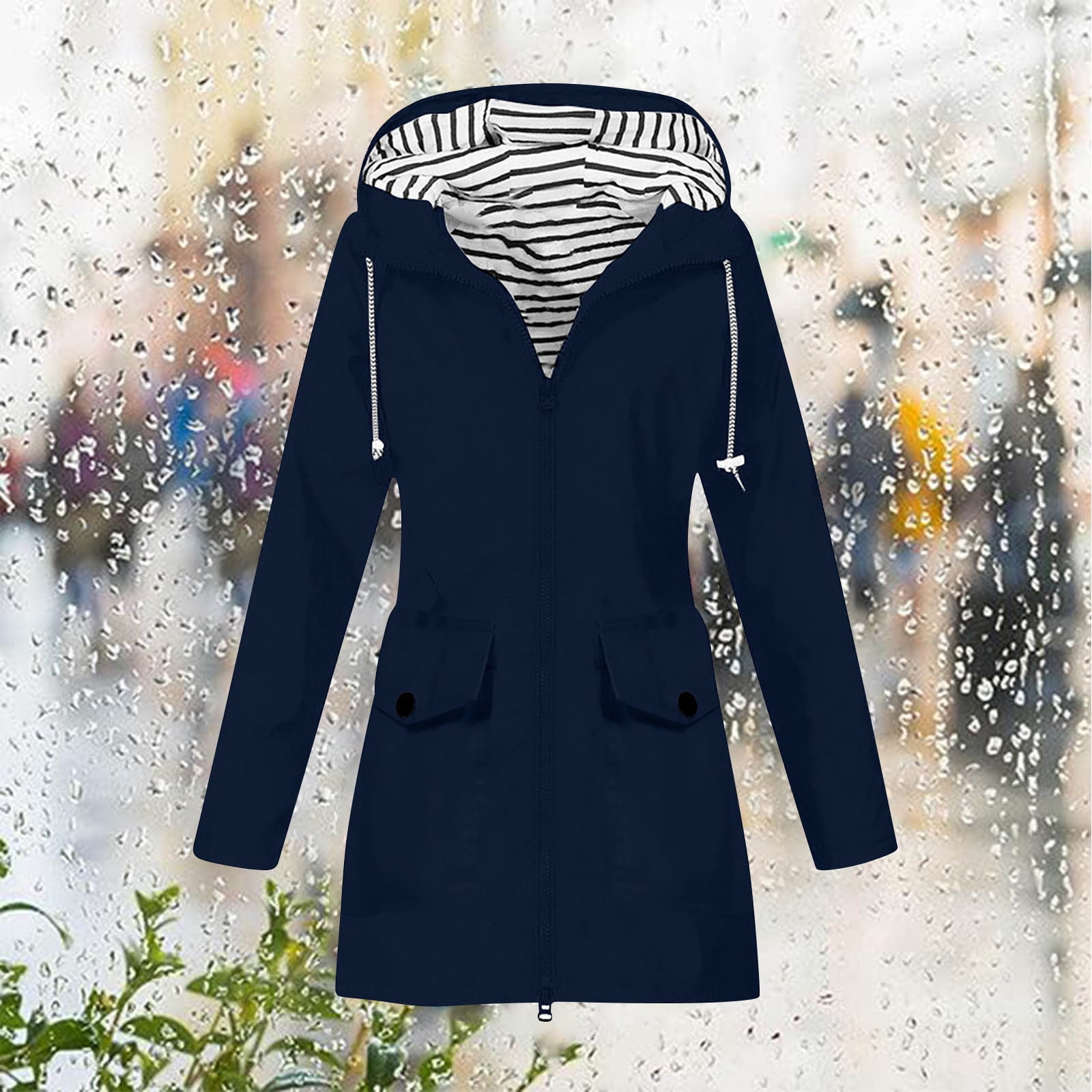 Aueoeo Women Solid Color Rain Jacket Fashion Trendy Outdoor Hooded Full ...