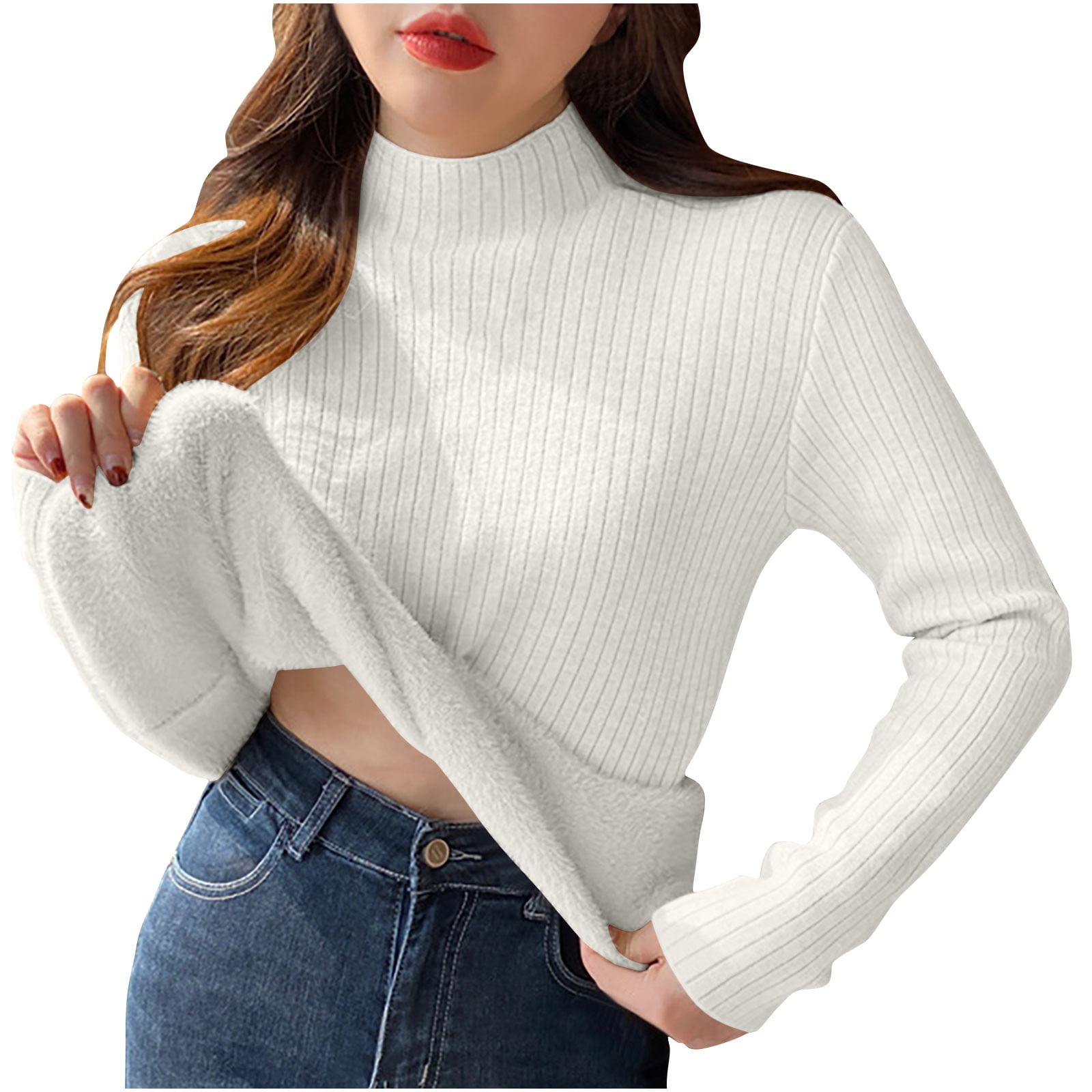 Aueoeo Women Sweaters Turtleneck Highly Stretchy Ribbed Knit Fitted ...