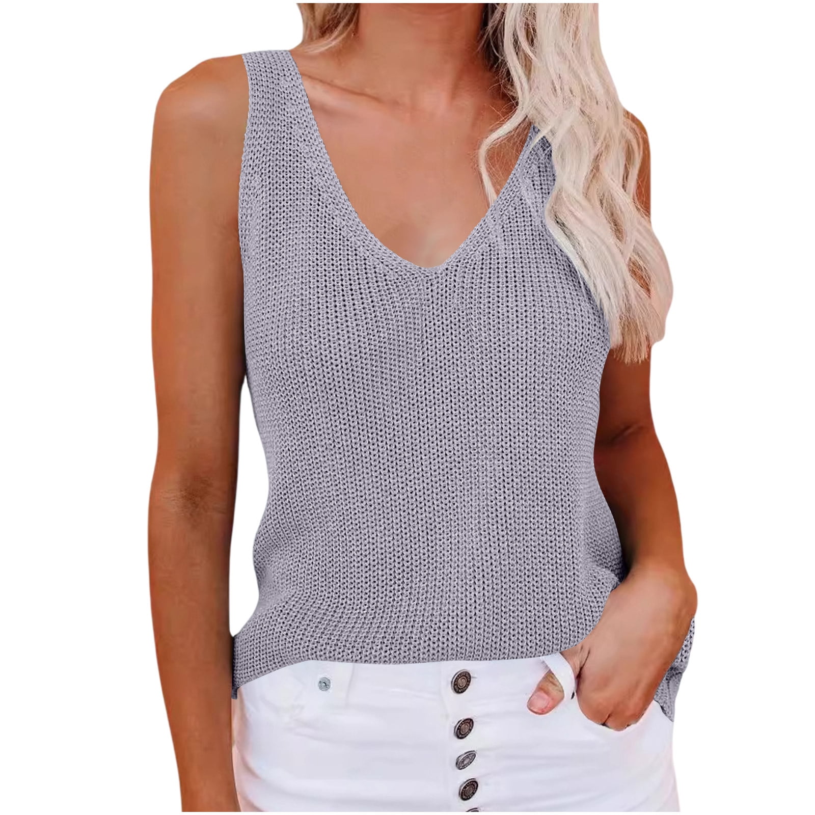 Aueoeo Women Tank Top Crochet Low Crew Neck Sleeveless Vests ...