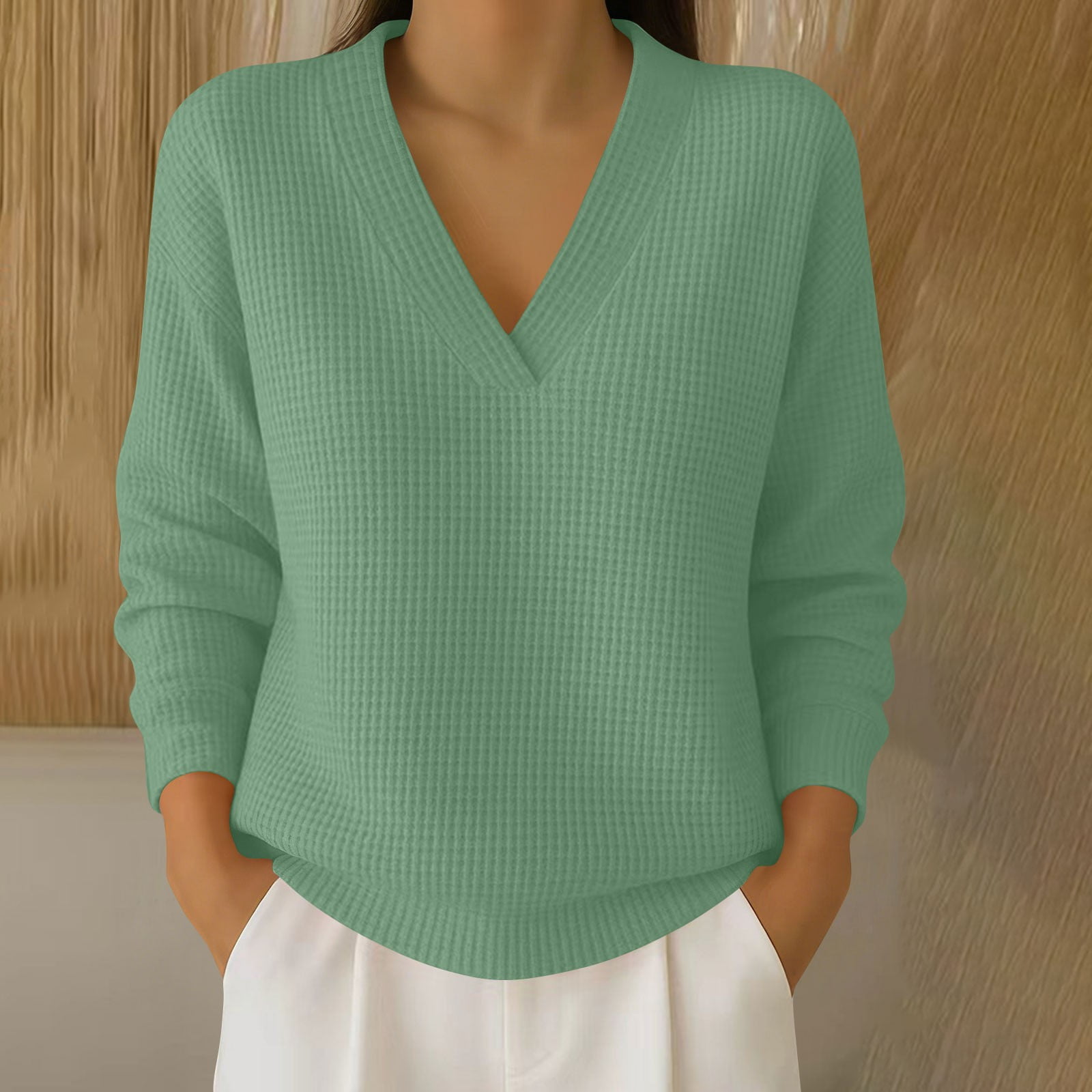 Aueoeo Women Textured Tops V Neck Long Sleeve Tunics Casual Blouse Fall ...