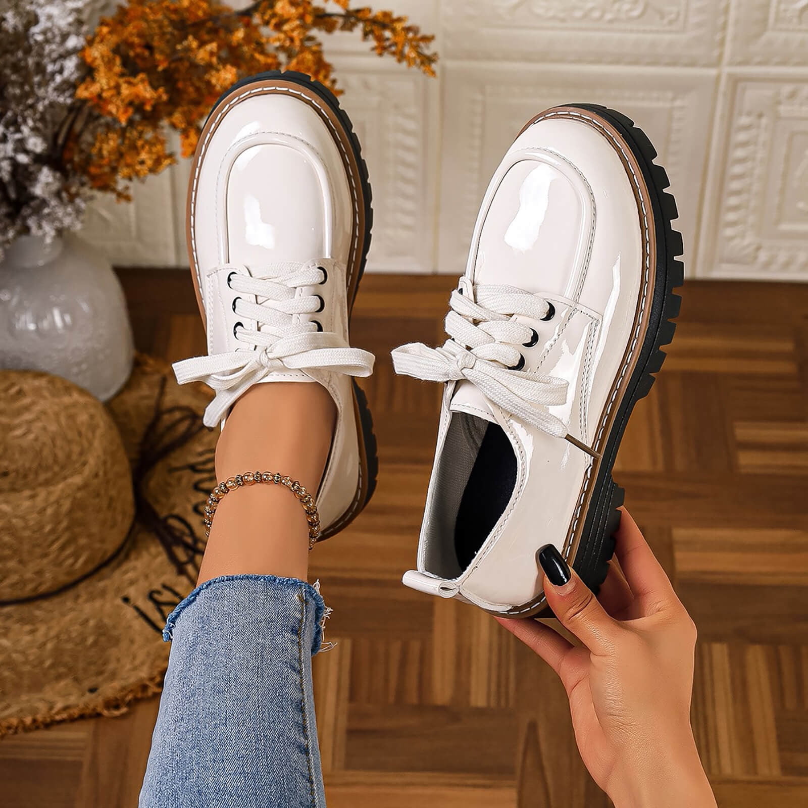 Aueoeo Women Trendy Casual Shoes Casual British Style Lace Up Shoes ...