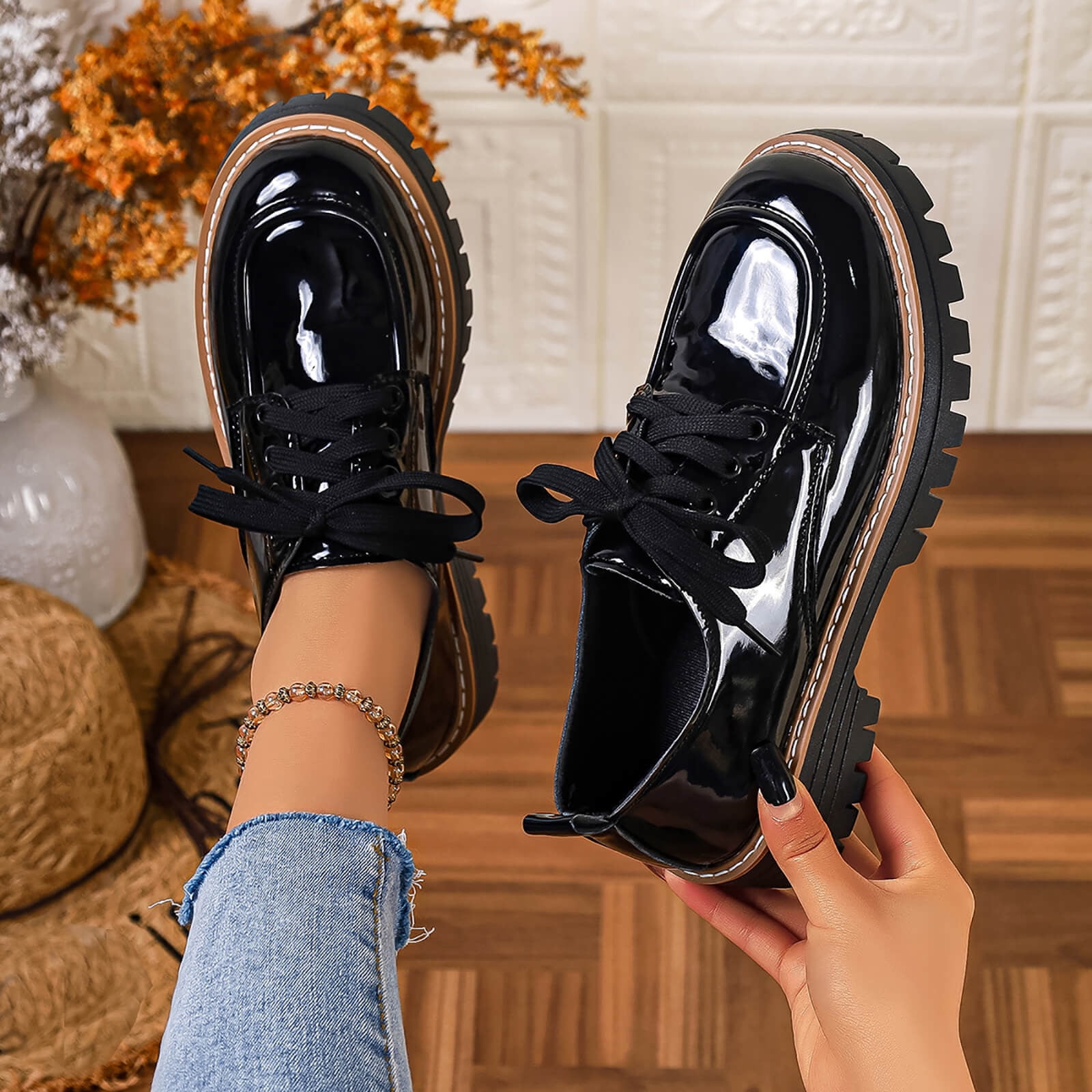 Aueoeo Women Trendy Casual Shoes Casual British Style Lace Up Shoes ...