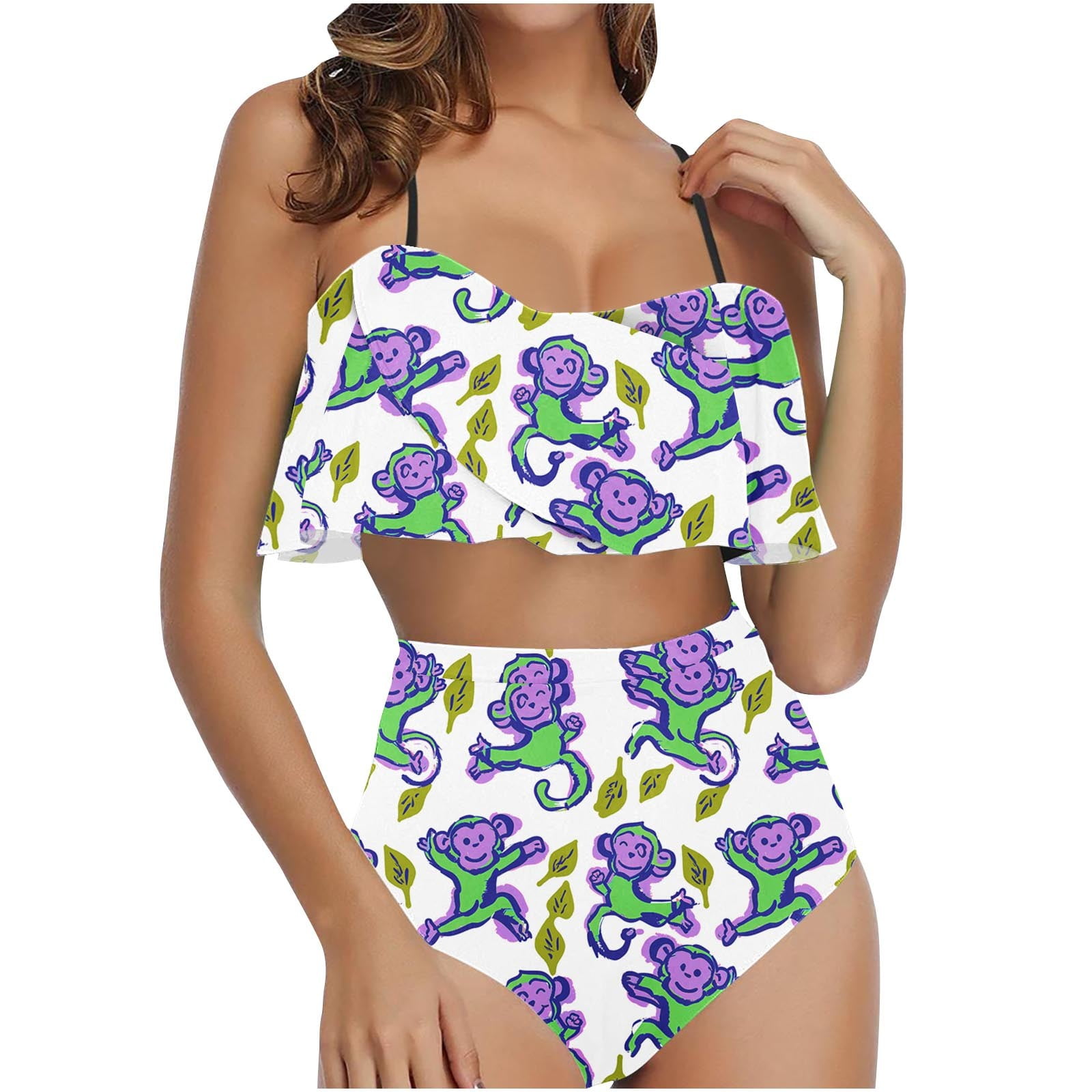 Aueoeo Women Two Piece Swimsuits Ruffle High Waisted Bikini Ruched Bathing Suit with Bottom ...