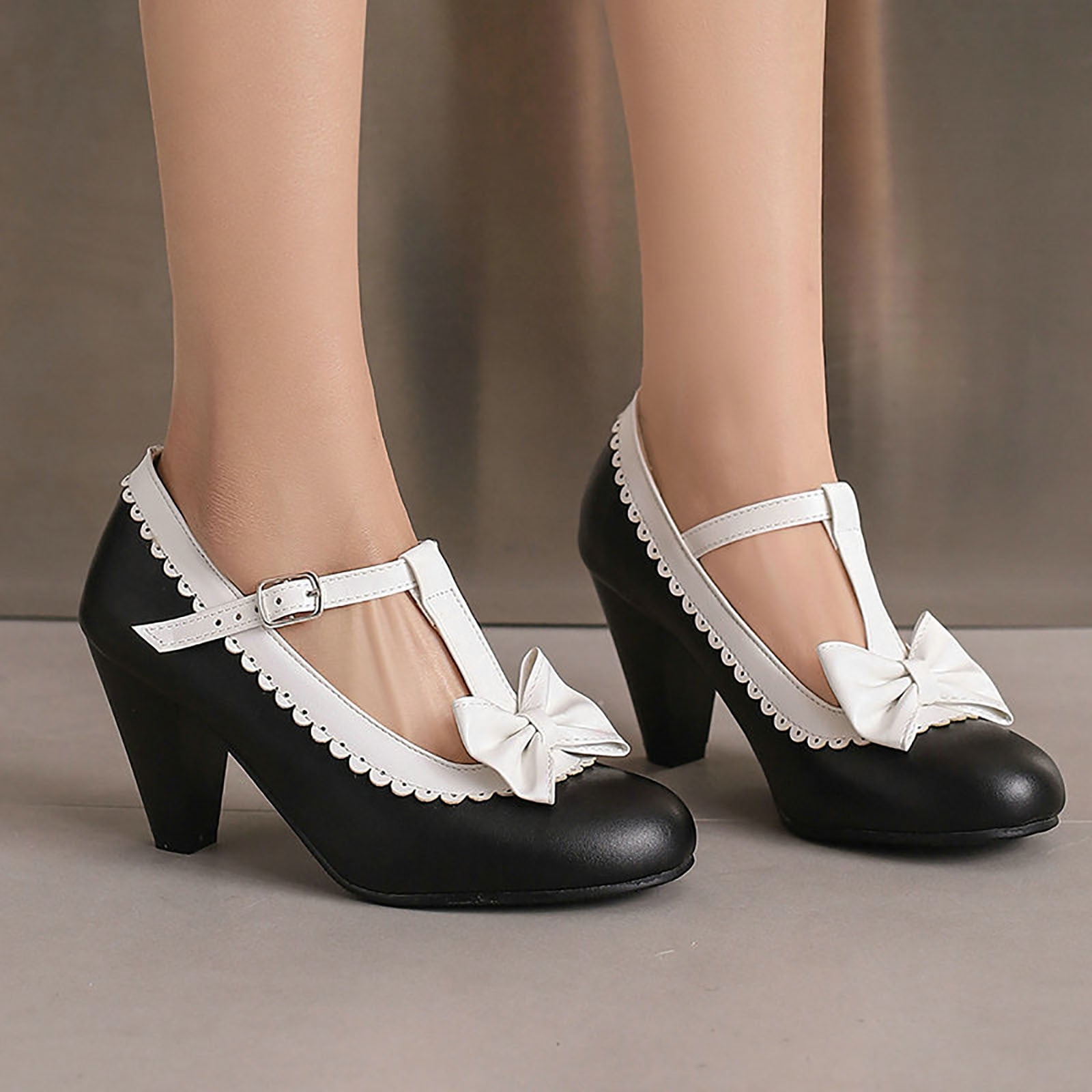 Aueoeo Women Versatile Shoes Solid Color Blocked Round Toe Thick Heel ...