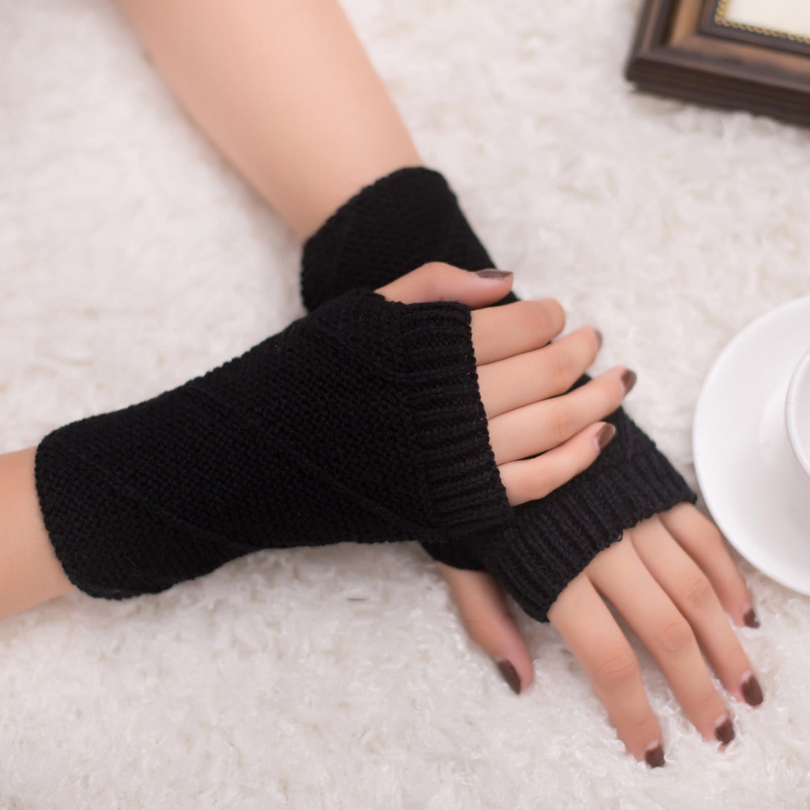Aueoeo Women Winter Fingerless Gloves Half Finger Gloves with Long ...