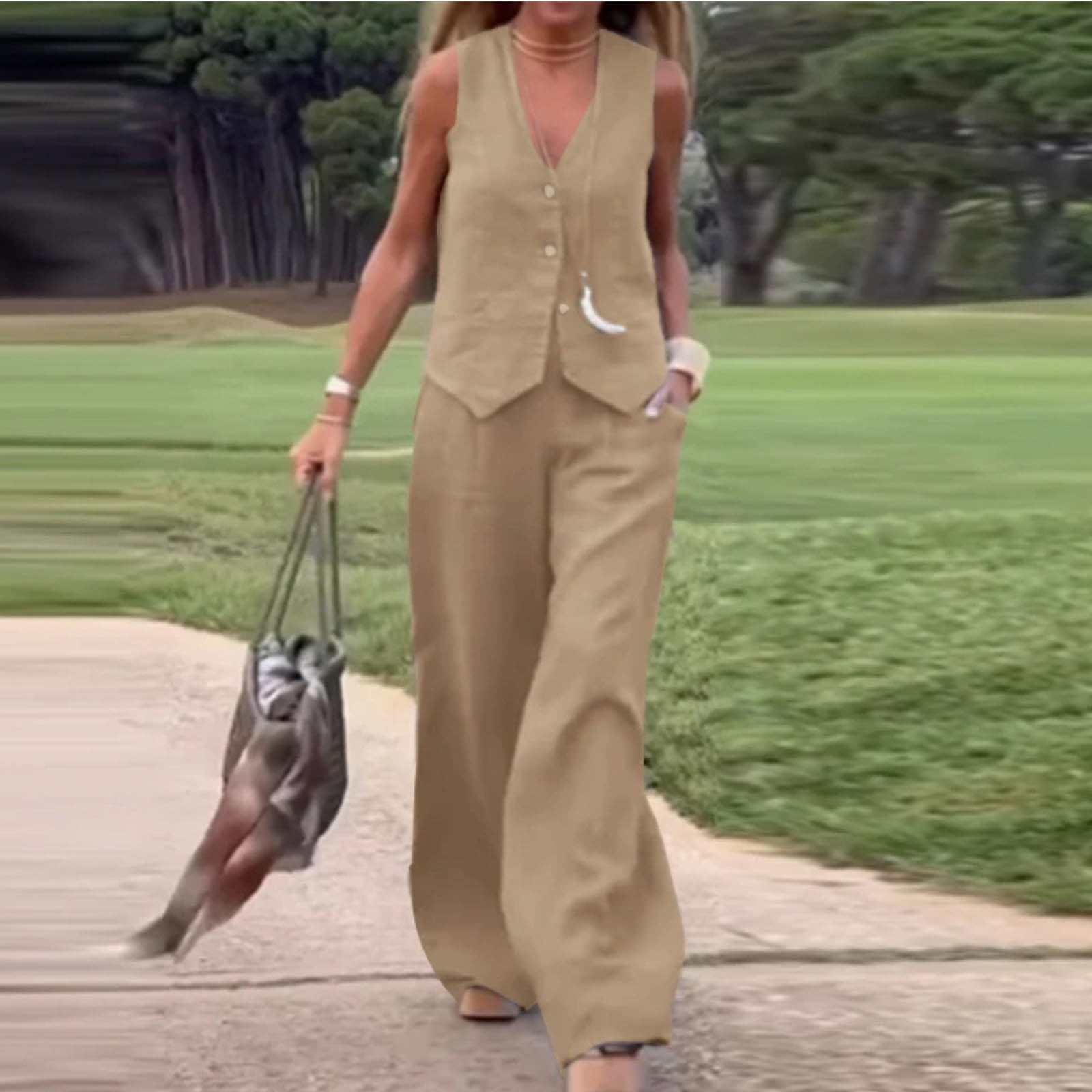 Aueoeo Women's 2 Piece Set Cotton Linen 2025 Summer Casual Loose Button ...