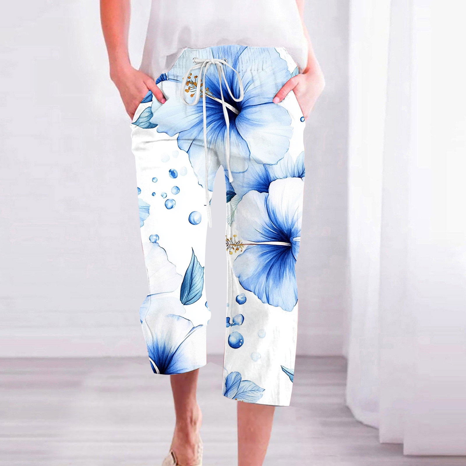 Aueoeo Women's Boho Linen Printed Loose Capris Pants Fashion Straight ...