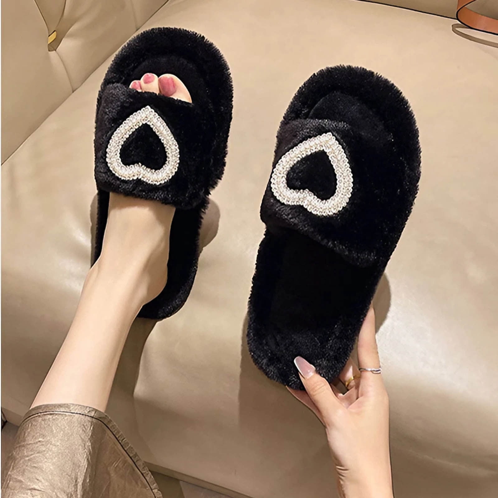 Aueoeo Women's Casual Open-Toe Slippers Heart-Shaped Decorat Flat Warm ...