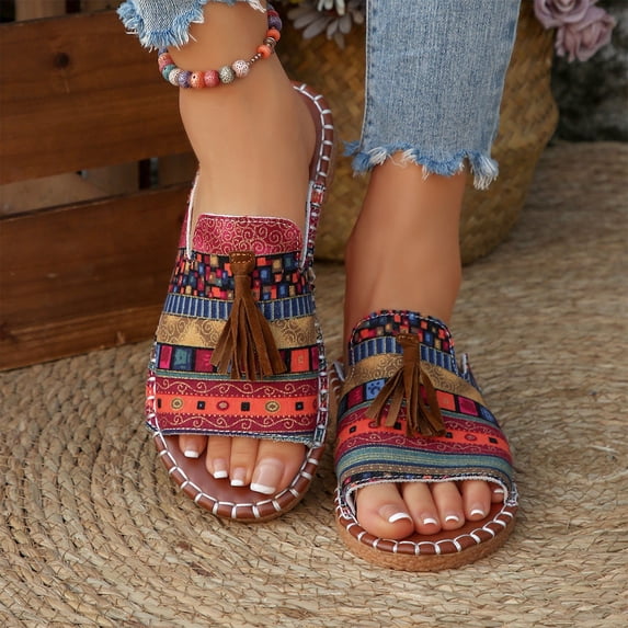 Aueoeo Women's Casual Slippers Flat Sandals Roman Bohemian Tassel Beach ...