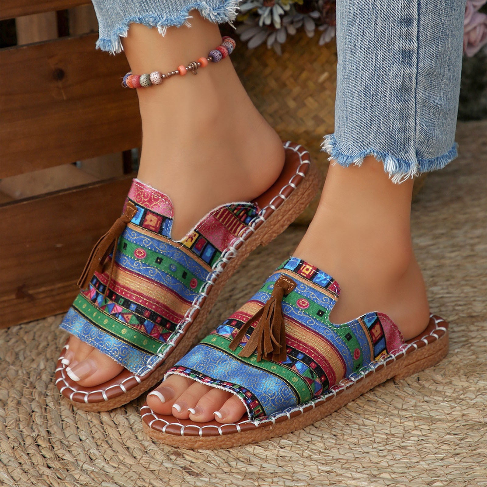 Aueoeo Women's Casual Slippers Flat Sandals Roman Bohemian Tassel Beach ...