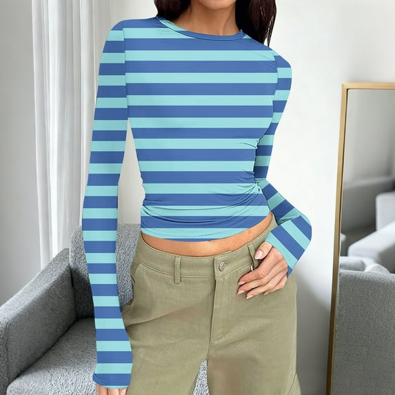 Aueoeo Women's Casual Stripe Top Round Neck Long Sleeved Casual Slim ...