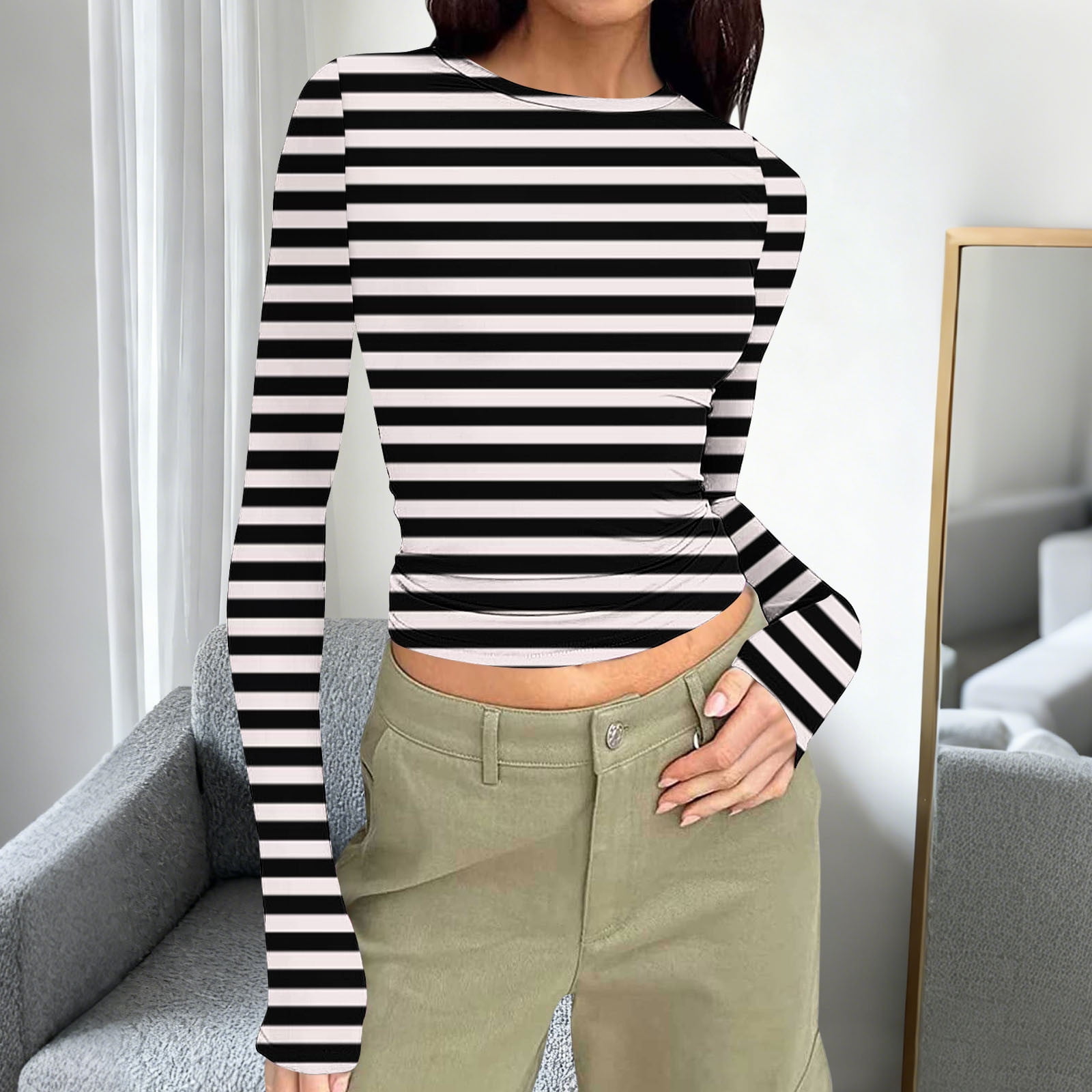 Aueoeo Women's Casual Stripe Top Round Neck Long Sleeved Casual Slim ...