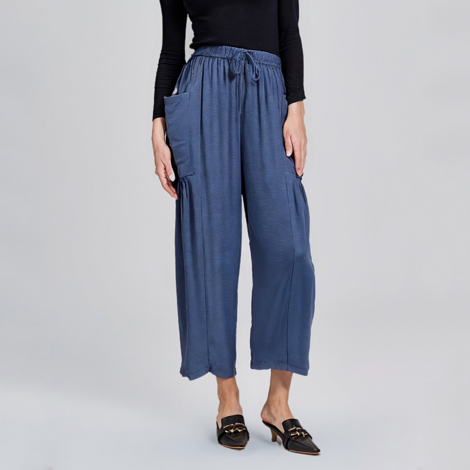 Aueoeo Women's Cotton Linen Pants Wide Leg Drawstring Elastic Waist ...