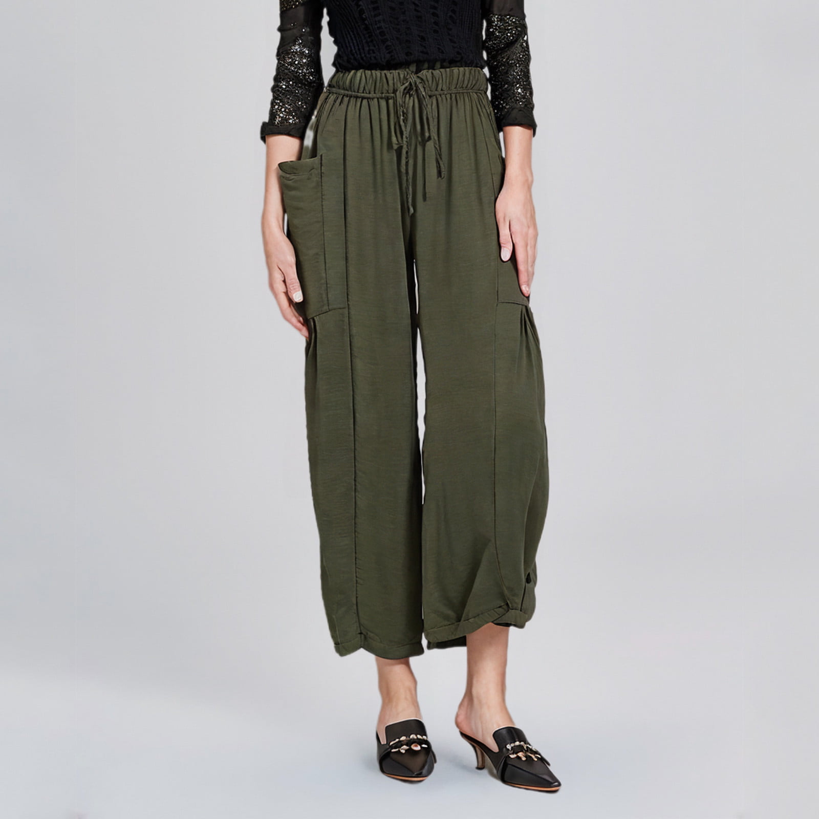 Aueoeo Women's Cotton Linen Pants Wide Leg Drawstring Elastic Waist Pants Lightweight Flowy ...