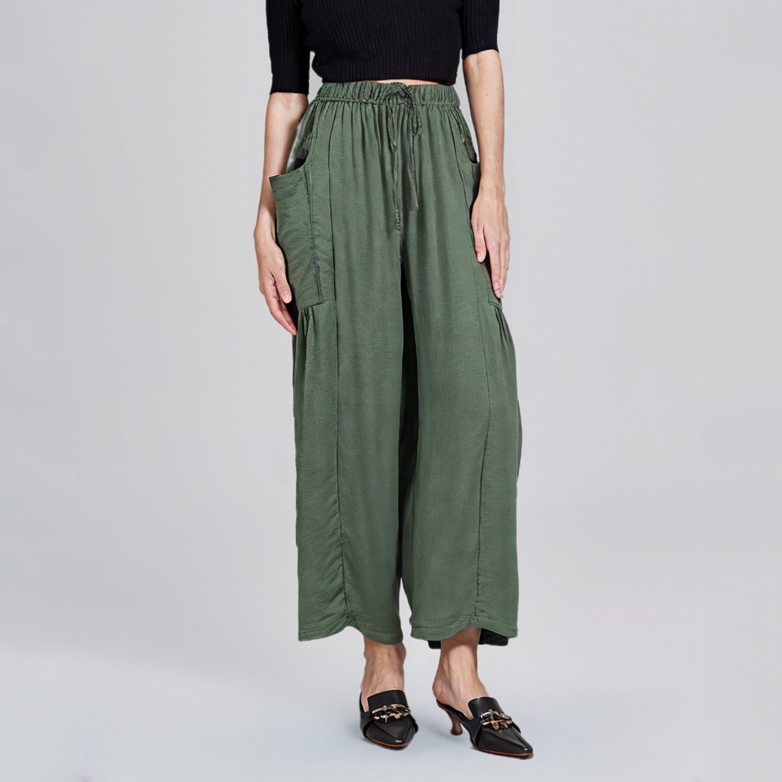 Aueoeo Women's Cotton Linen Pants Wide Leg Drawstring Elastic Waist ...