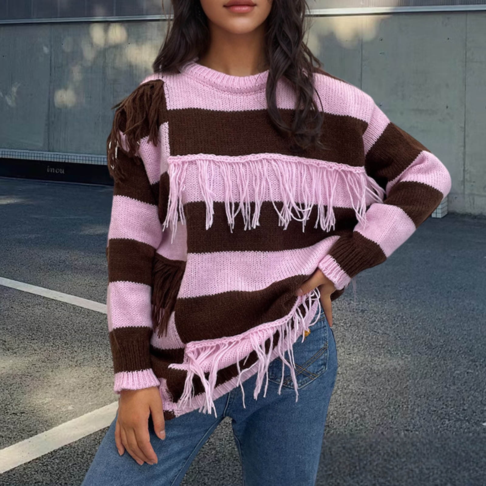 Aueoeo Women's Cute Contrast Sleeve Knitted Pullover Sweater Knit ...