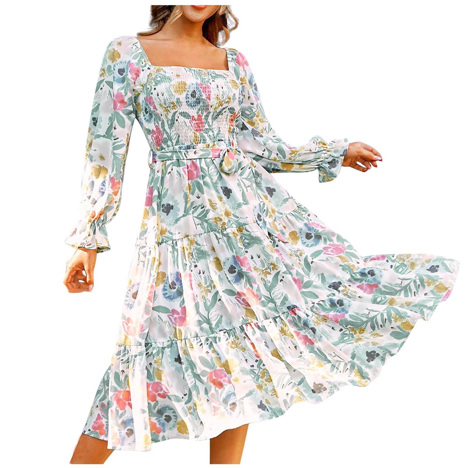 Aueoeo Women's Dresses for Autumn Square Neck Floral Print Aueoeo Women's Dresses for Autumn Square Neck Floral Print