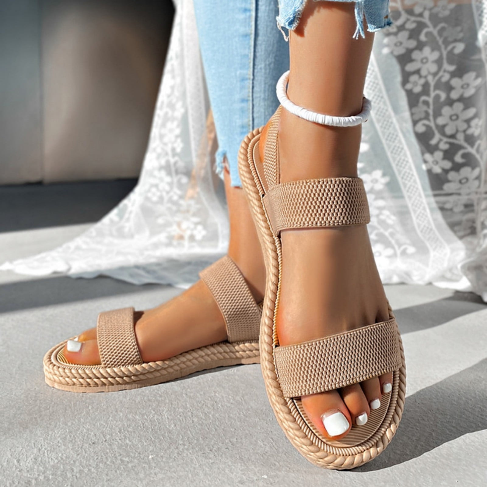 Aueoeo Women's Elastic Flat Sandals No Slip Straps Flat Slide Sandals ...