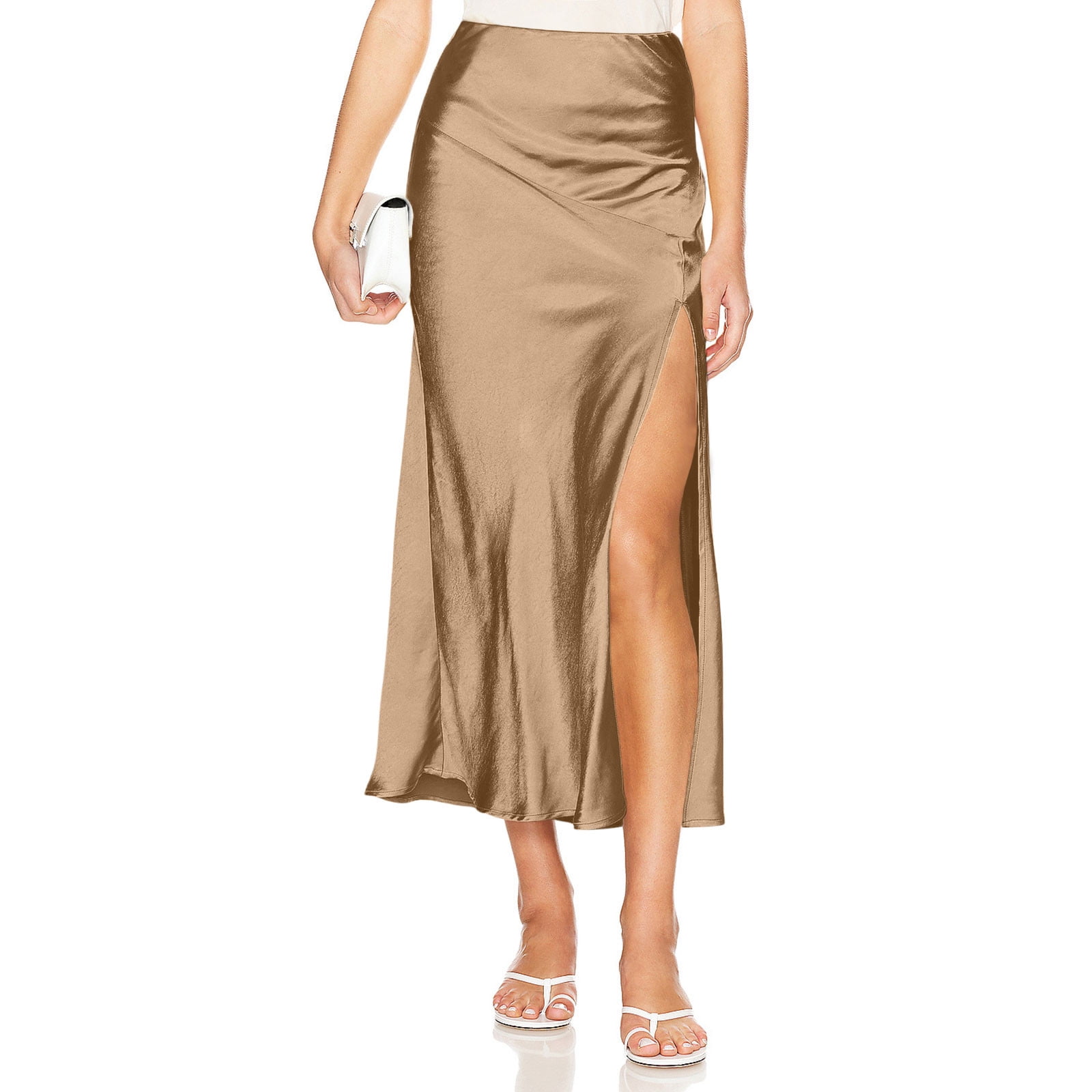 Aueoeo Women's Elegant Satin Skirts High Waisted Flared Casual Skirt ...