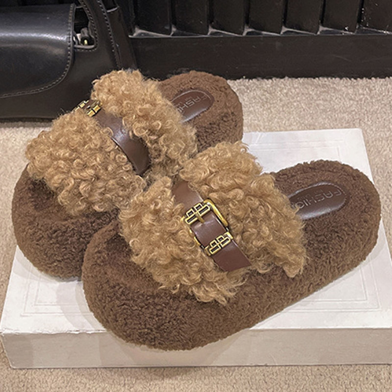 Aueoeo Women's Fashion Fleece Slippers Comfy Trendy Open Toe Bedroom ...