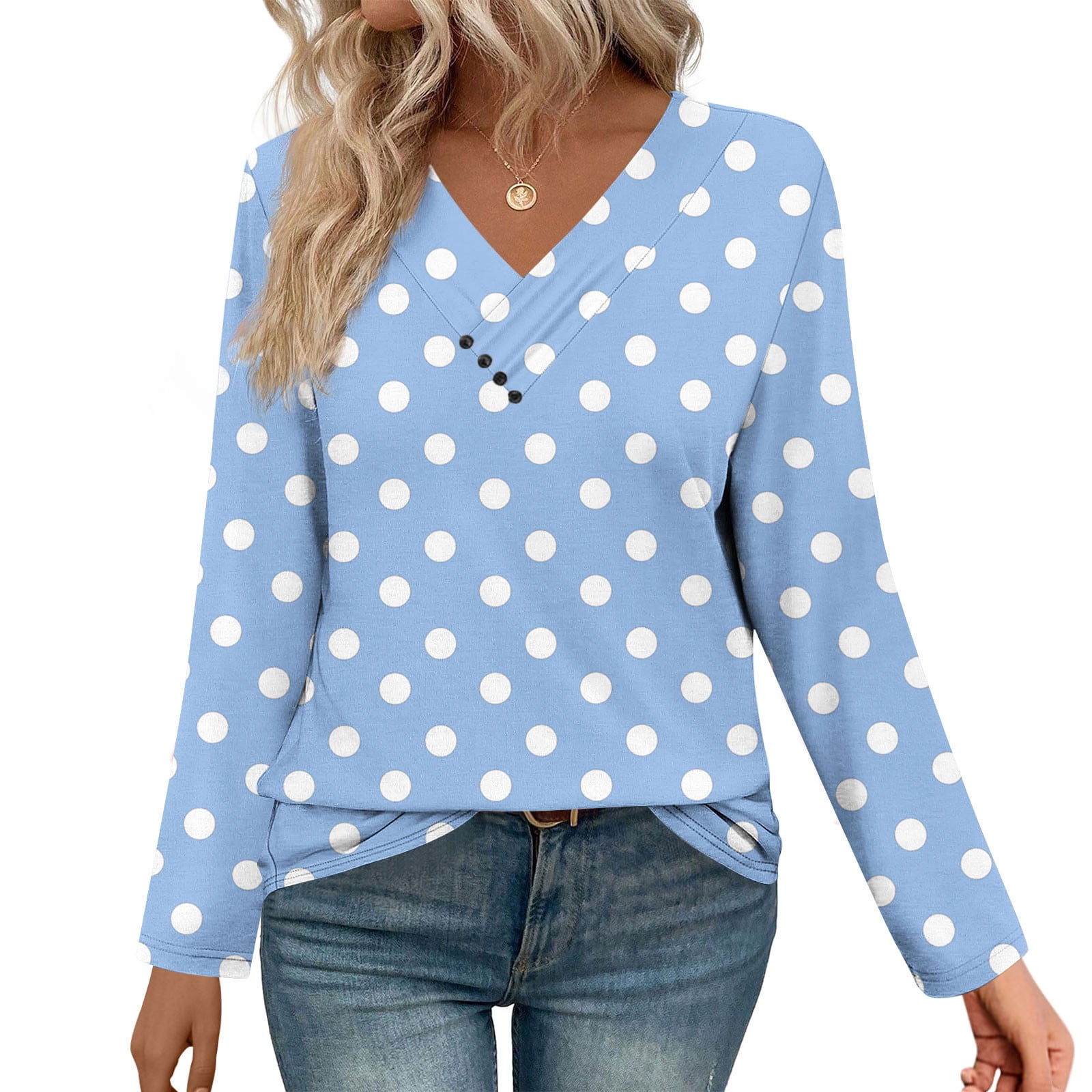 Aueoeo Women's Fashion Printed T Shirts Polka Dots V-Neck Pullover Long ...