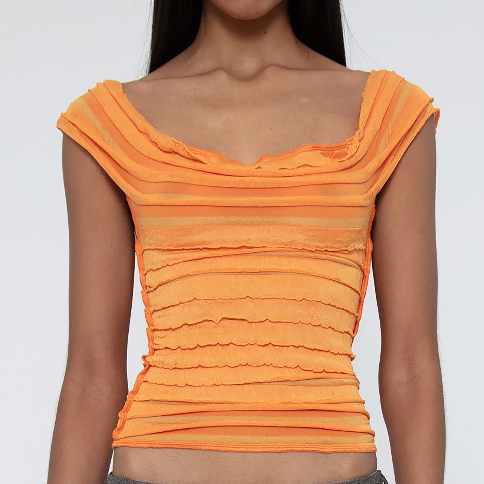 Aueoeo Women's Fashion Tank Top U Neck Mesh Ruffle Stretchy T Shirt ...