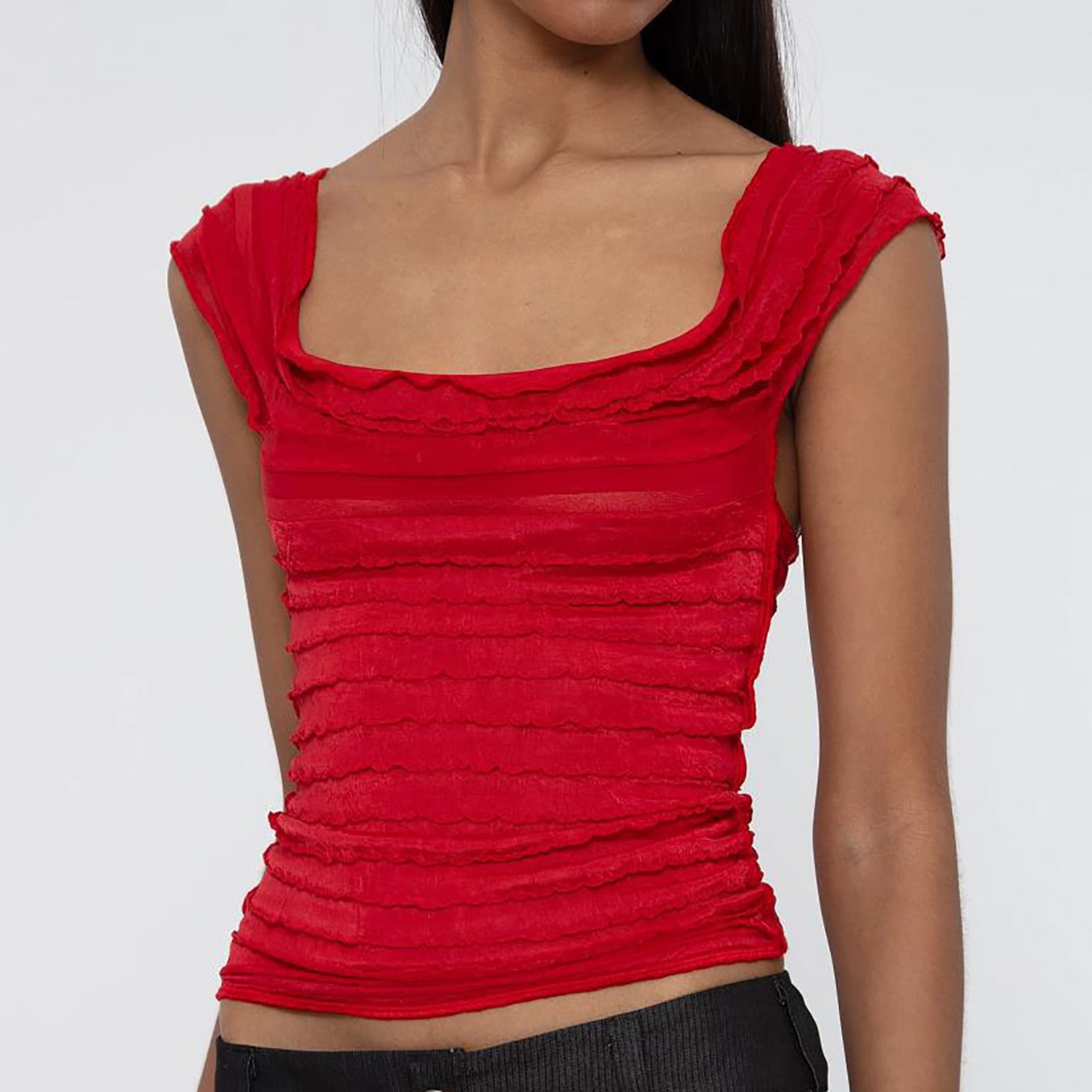 Aueoeo Women's Fashion Tank Top U Neck Mesh Ruffle Stretchy T Shirt ...