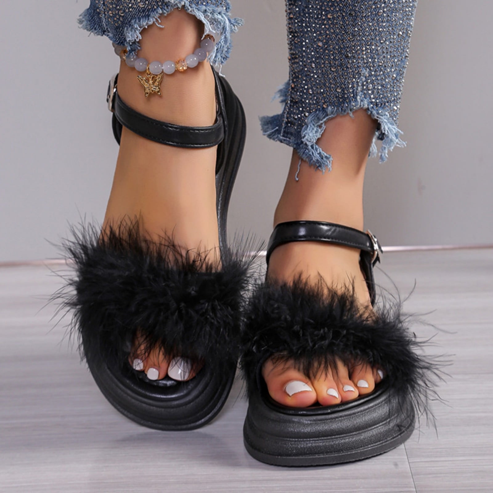 Aueoeo Women's Faux Furs Sandals Platforms Open Toe Ankle Buckle Strap ...