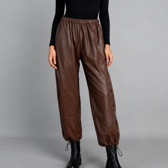 Aueoeo Women's Faux Leather Pants Casual Trousers Jogger Solid Color ...
