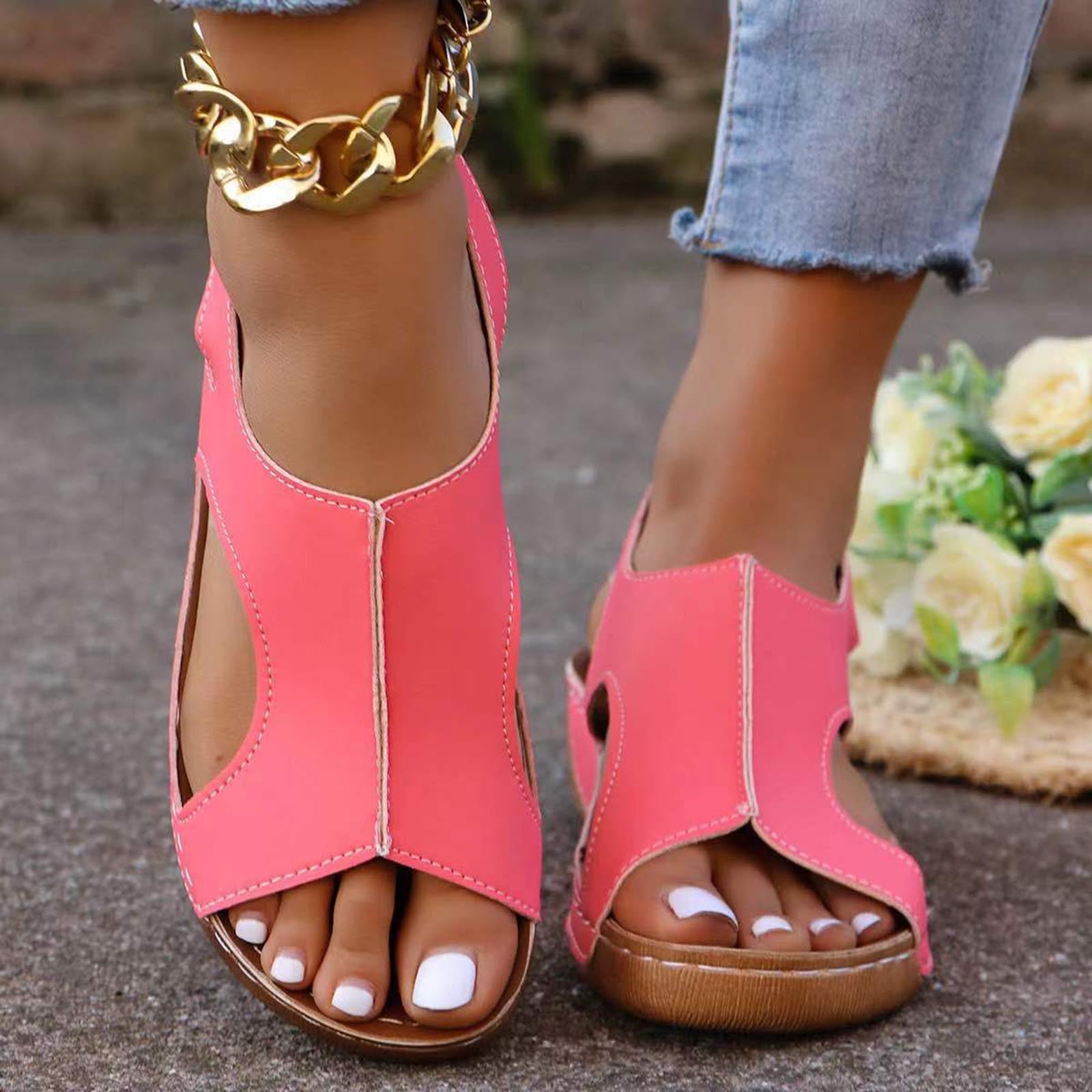 Aueoeo Women's Faux Leather Sandals Elastic Ankle Strap Sandals Open ...