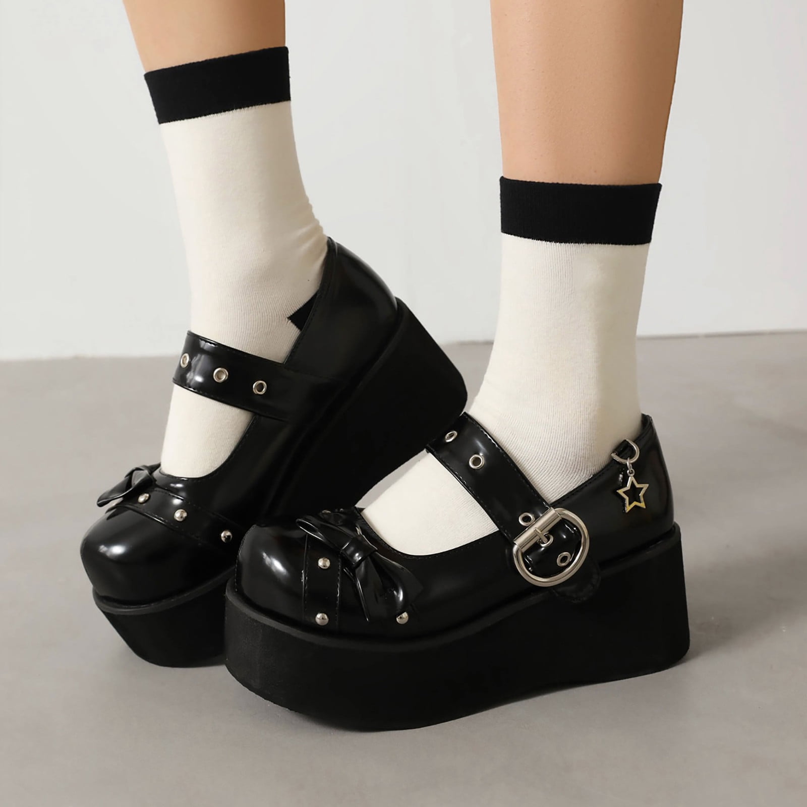 Aueoeo Women's Faux Leather Shoes Classic High Wedge Closed Round Toe ...