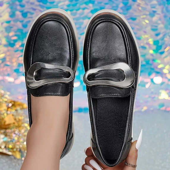 Aueoeo Women's Faux Leather Shoes Flats Low Heels Vintage Classic Round ...