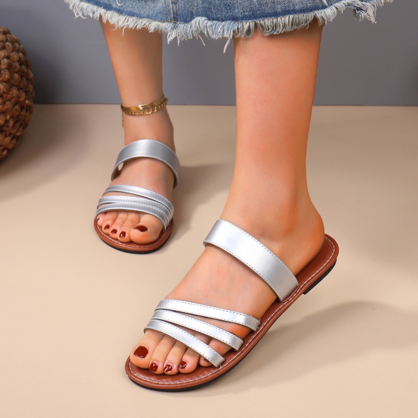 Aueoeo Women's Faux Leather Slides Open Toe Dressy Flat Slide Sandals ...