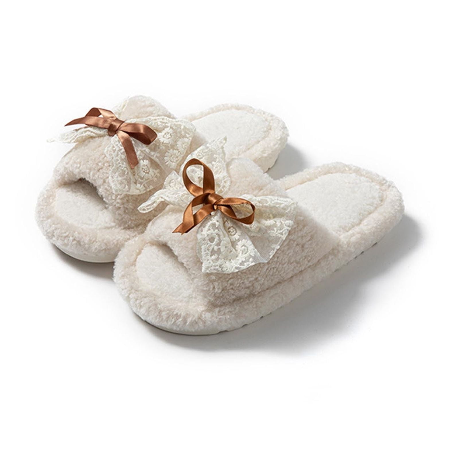 Aueoeo Women's Furry House Slipper Lace Bowknot Decr Comfy Fuzzy Warm ...