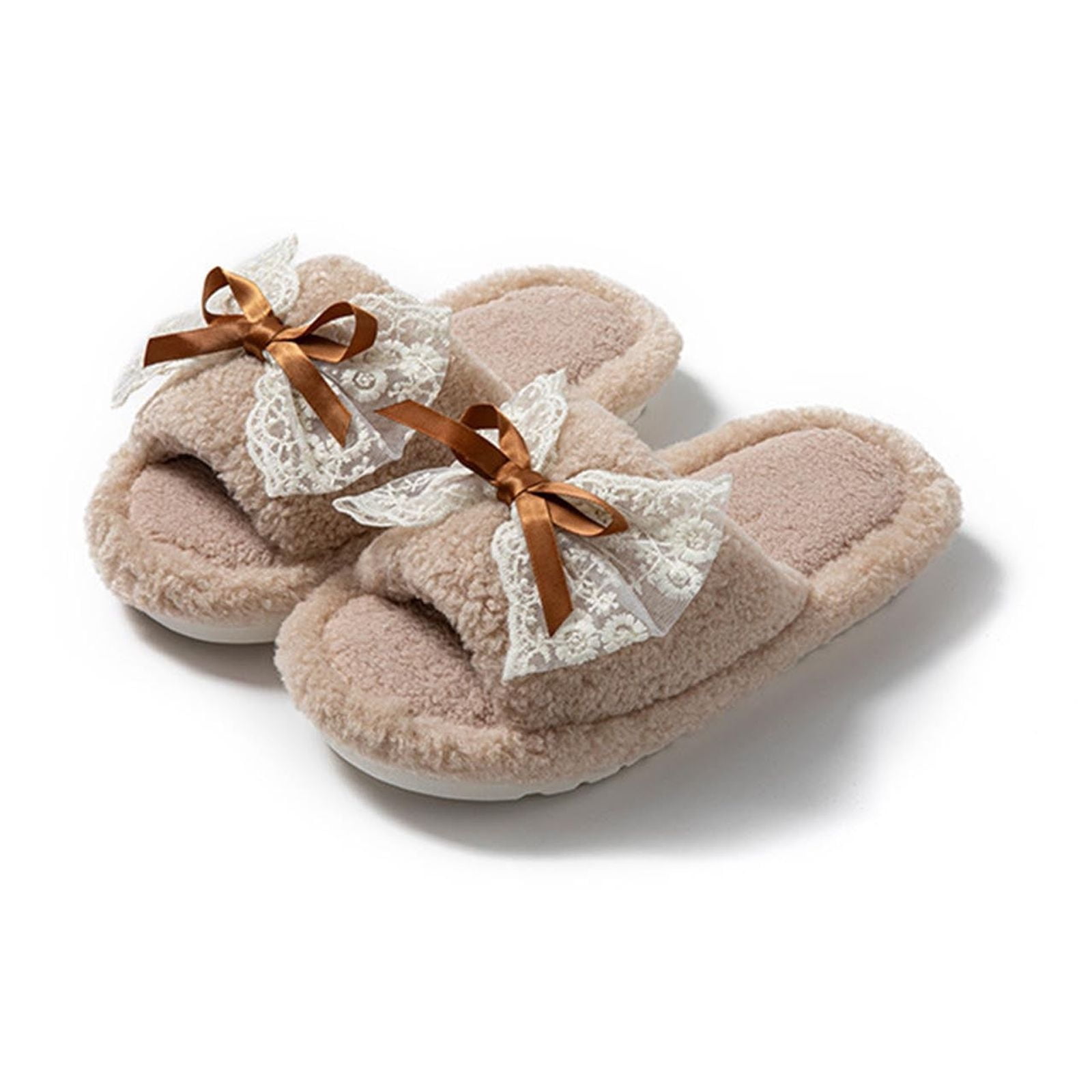 Aueoeo Women's Furry House Slipper Lace Bowknot Decr Comfy Fuzzy Warm ...
