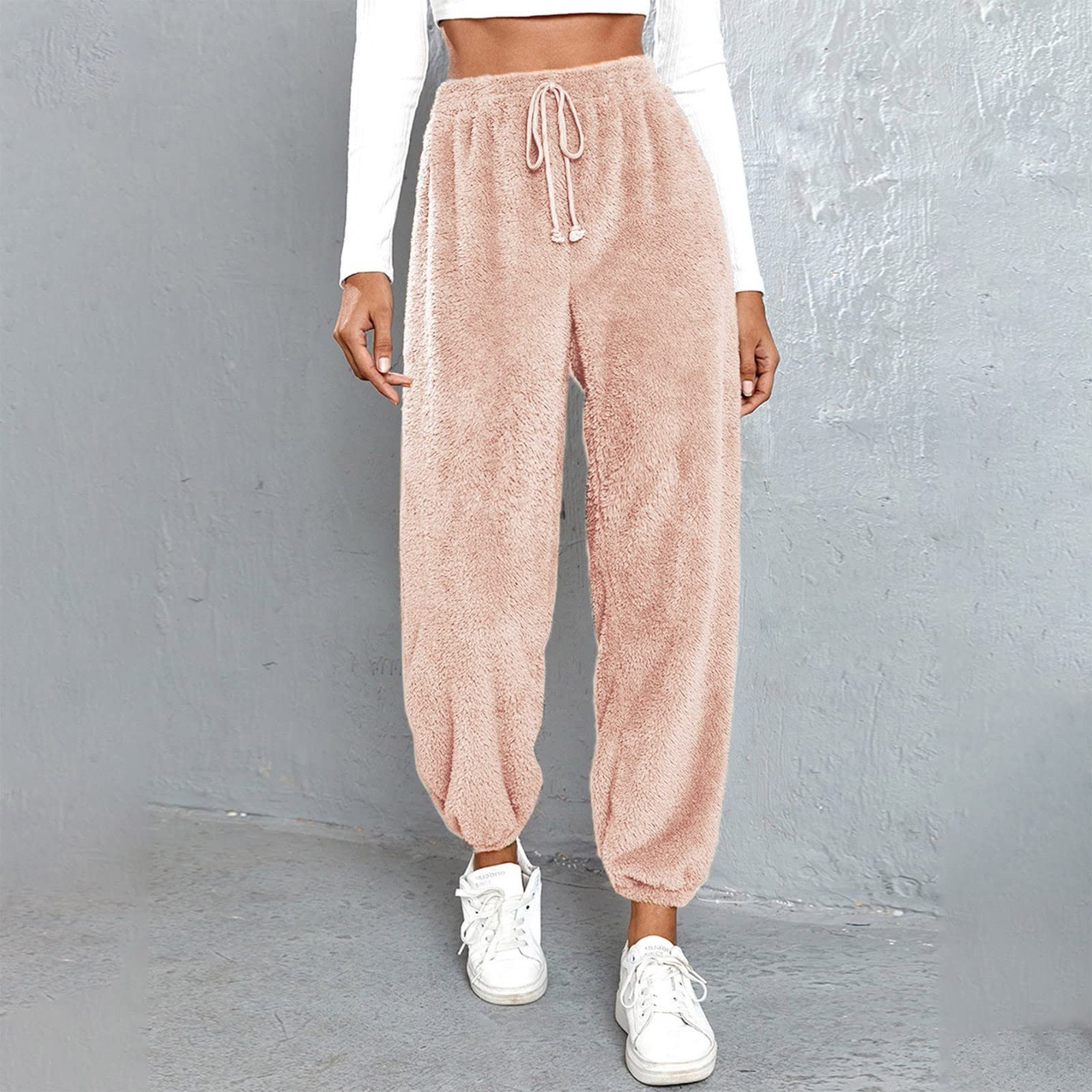 Aueoeo Women's Fuzzy Pants Furry Faux Furs Elastic Waist Pants Daily ...