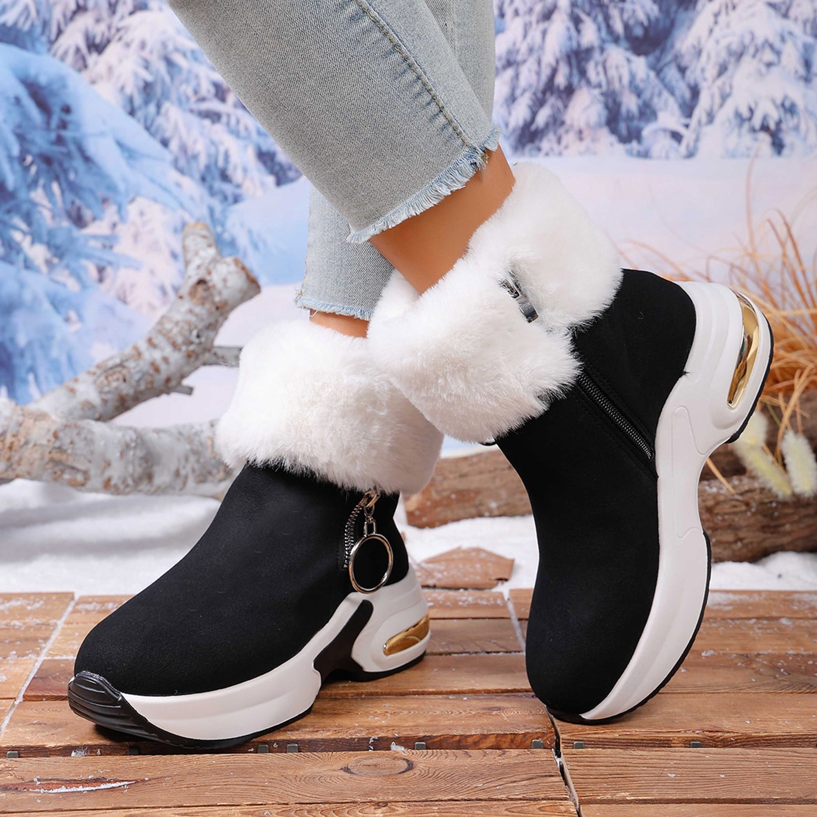 Aueoeo Women's Fuzzy Shoes Versatile Faux Furs Lined Thick-Soled Snow ...