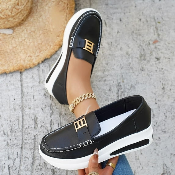 Aueoeo Women's High Heel Loafers Round Toe Work Office Flats Shoes ...