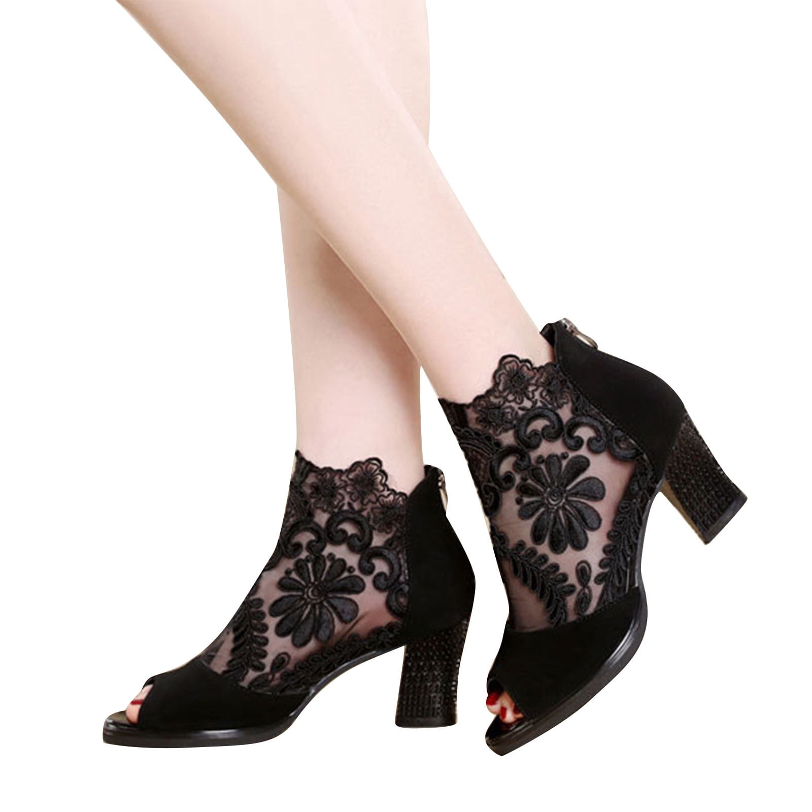 Aueoeo Women's High Heels Shoes Flowers Lace Fish Mouth Open Toe Shoes ...