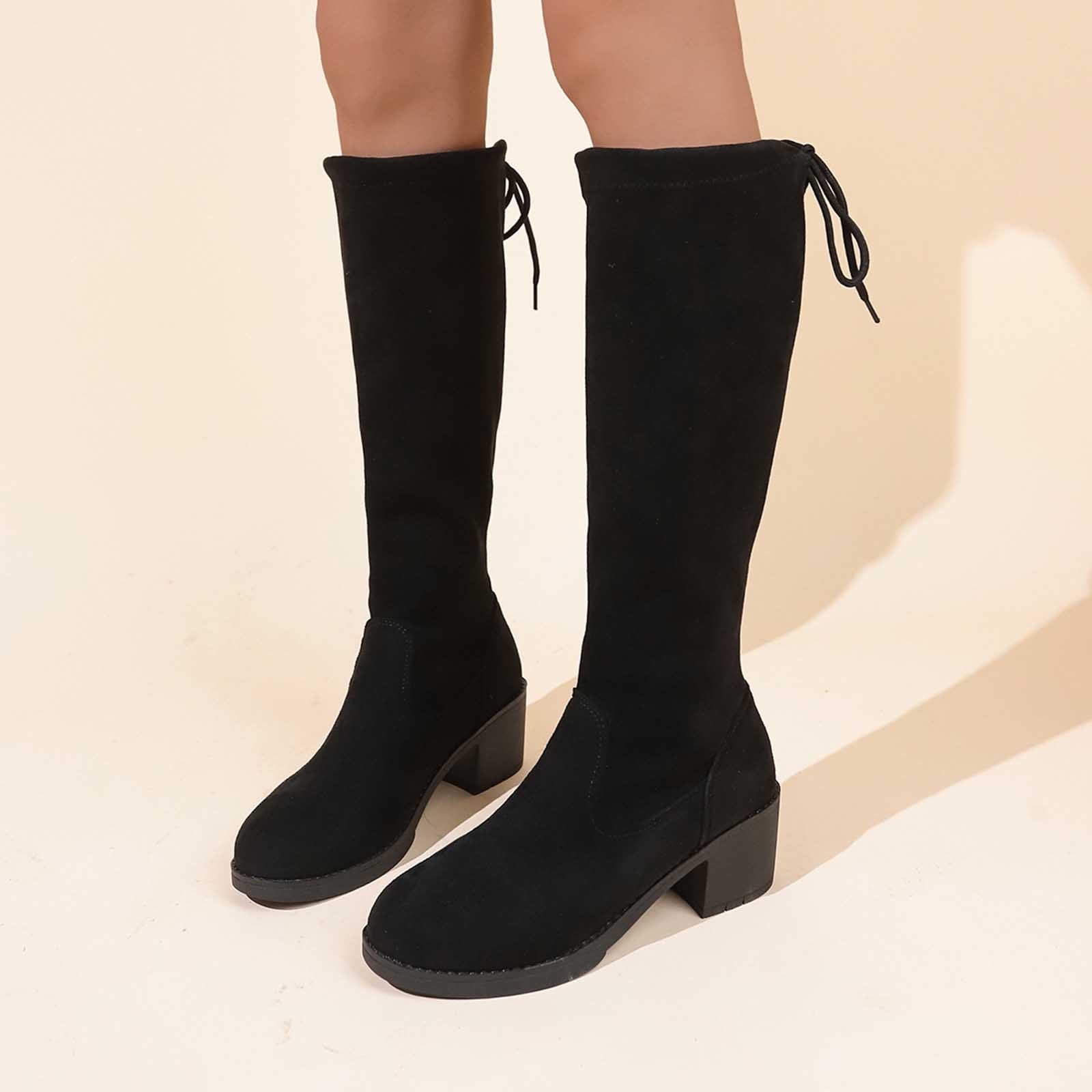 Aueoeo Women's Knee High Boots Suede Mid Chunky Heel Stretch Shoes ...