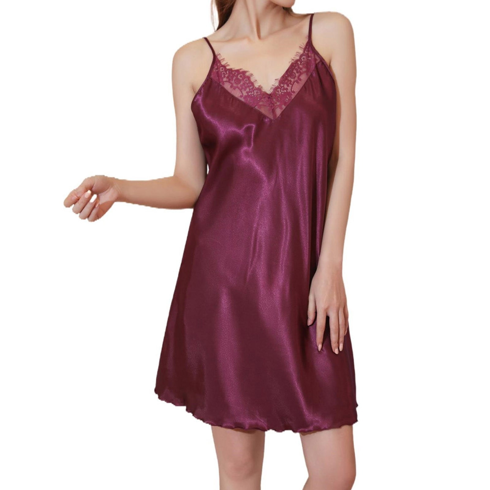 Aueoeo Women's Lace Trim Nightgown Silk Slip Dress Sleepwear V Neck ...