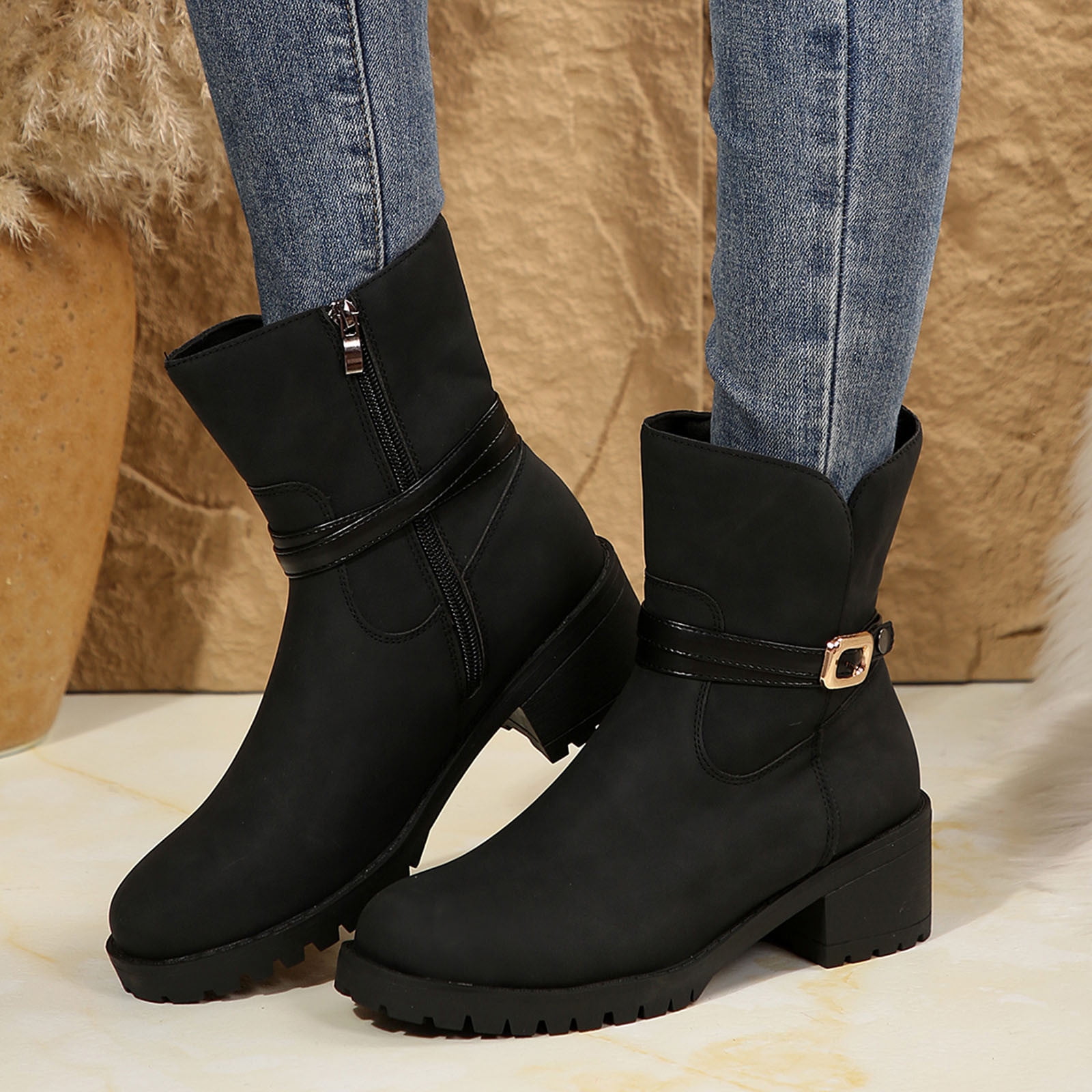 Aueoeo Women's Mid Heel Riding Boots Mid Calf Platforms Round Toe ...