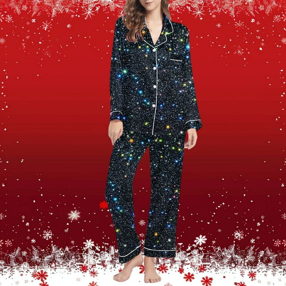 Aueoeo Women's Pajama Set Casual Long Sleeve Button-Down Sleepwear Trendy Graphic Printed ...