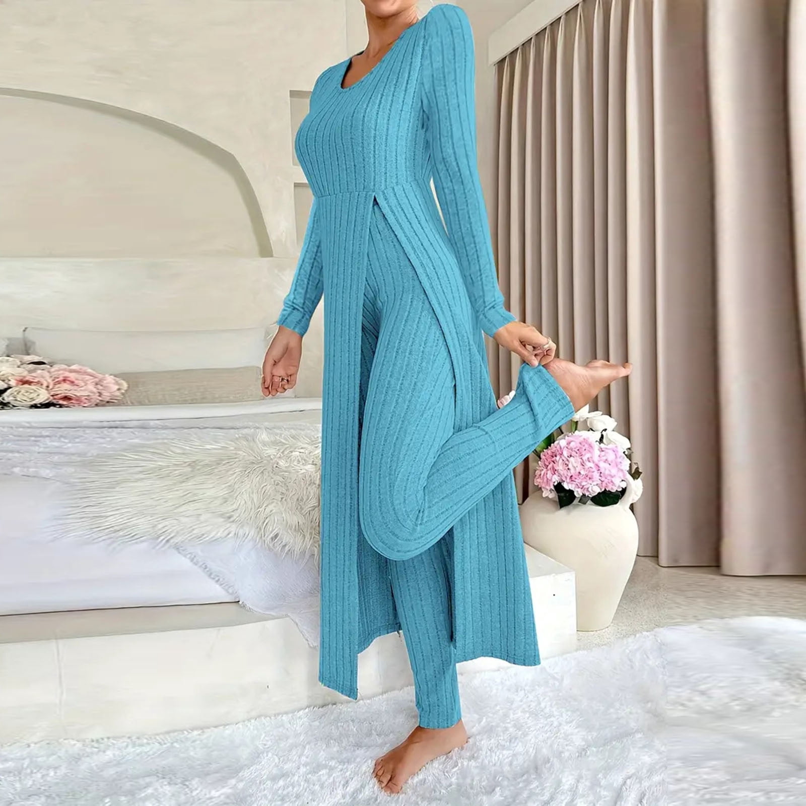 Aueoeo Women's Pajama Set Long Sleeve Pleated Side Split V Neck Tops ...