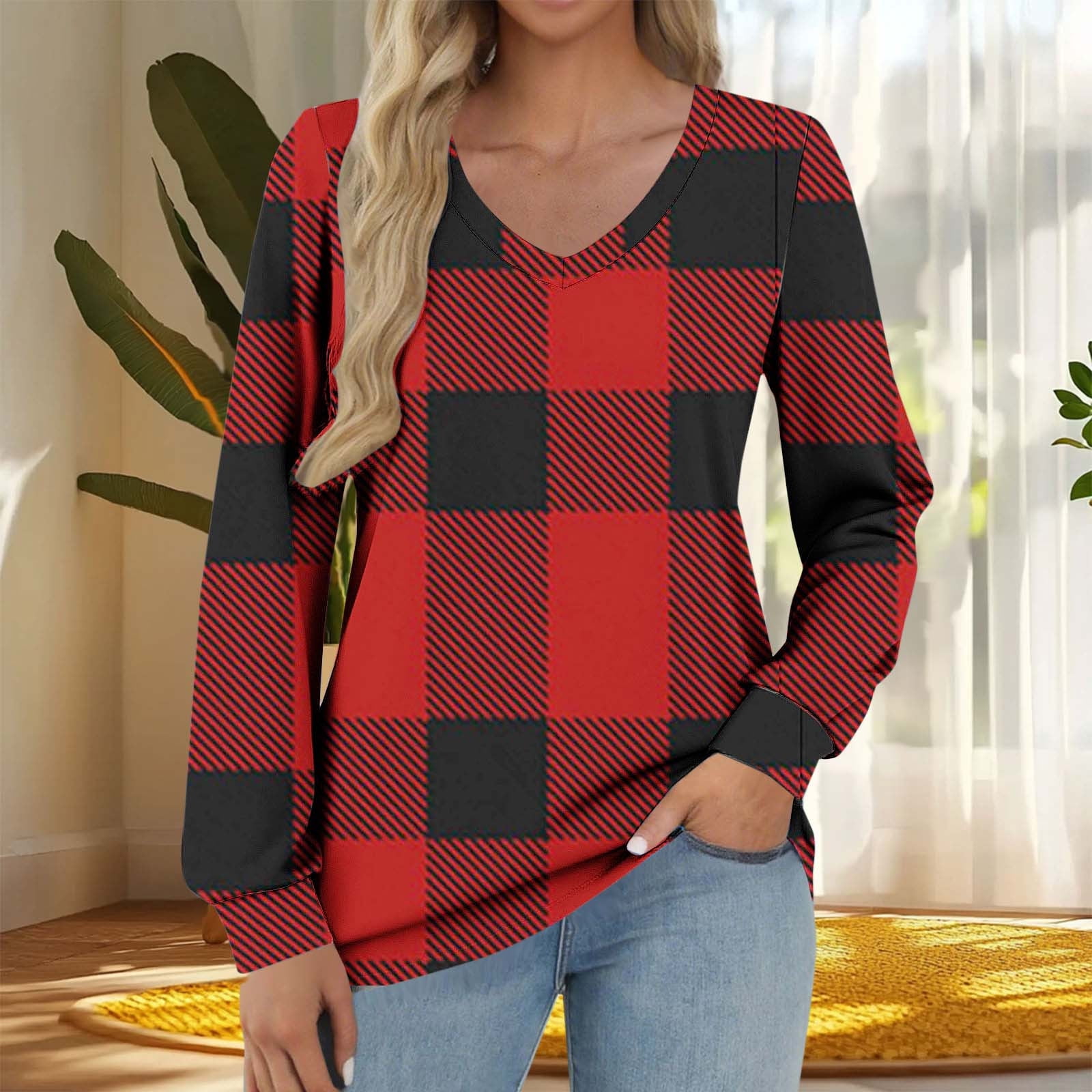 Aueoeo Women's Plaid Printed T-shirt Fashion Regular Fitted Casual Crew ...