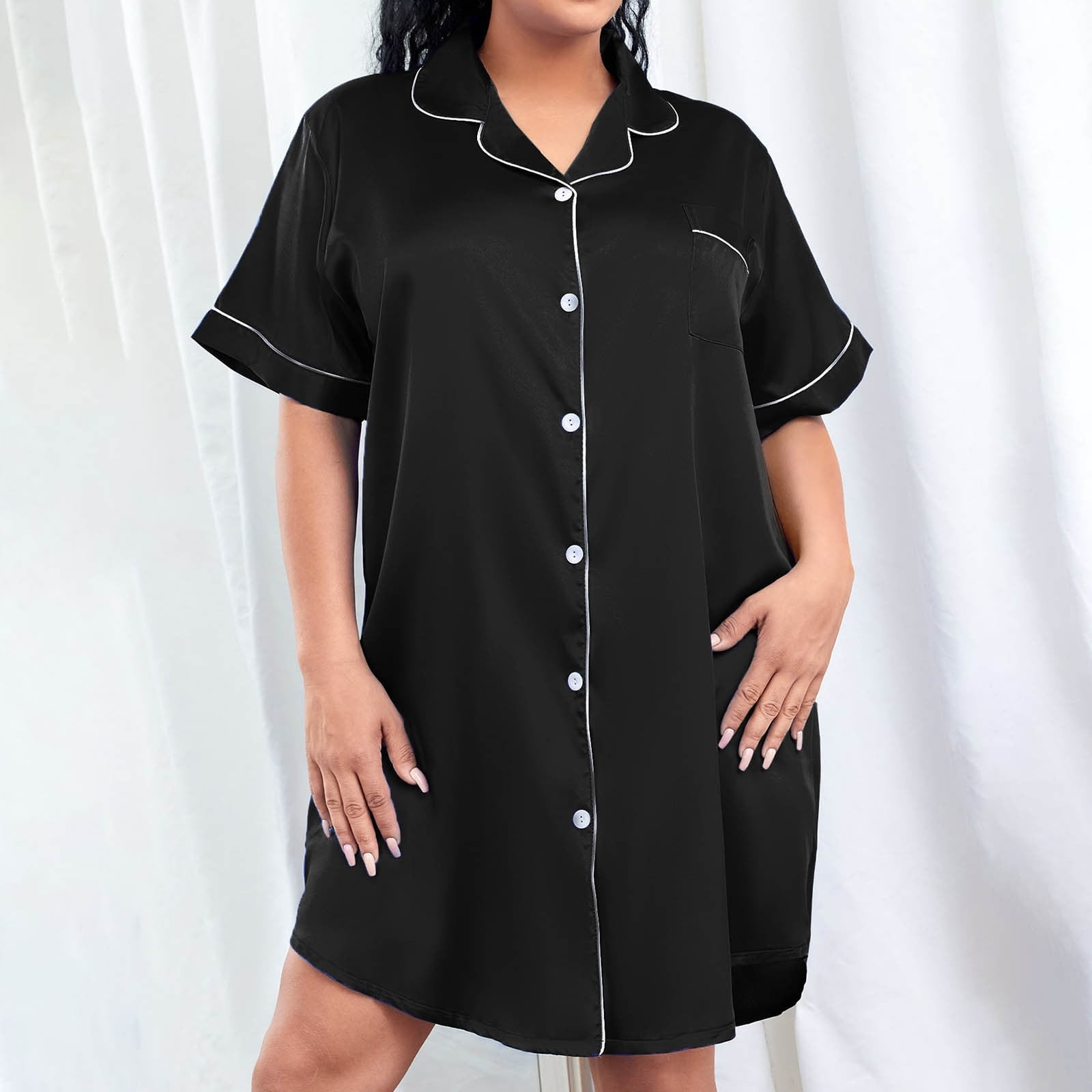 Aueoeo Women's Plus Size Nightdress Lapel Collar Button Short Sleeved ...