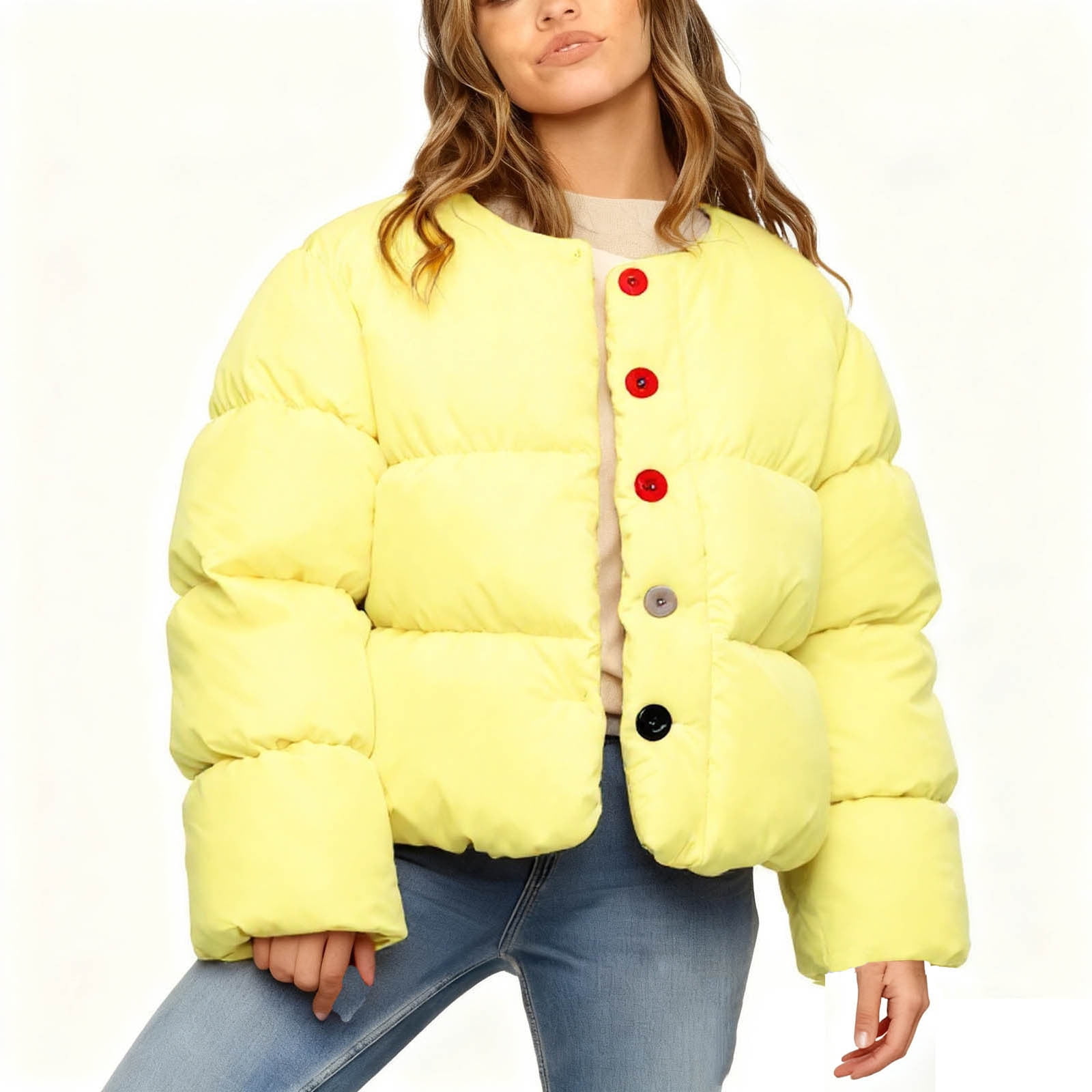 Aueoeo Women's Puffer Jacket Long Sleeve Cropped Jackets Button Up ...